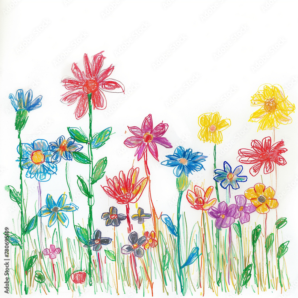 childs crayon drawing of flowers, scribble marks and pencil marks ...