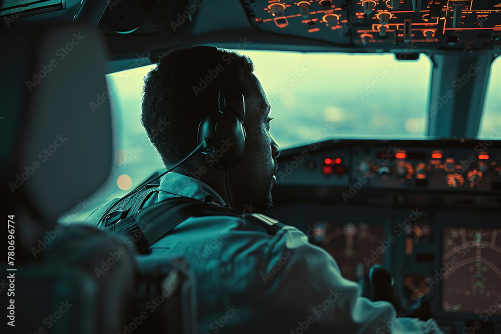 Pilot in cockpit wearing headphones and looking out window of airplane ...