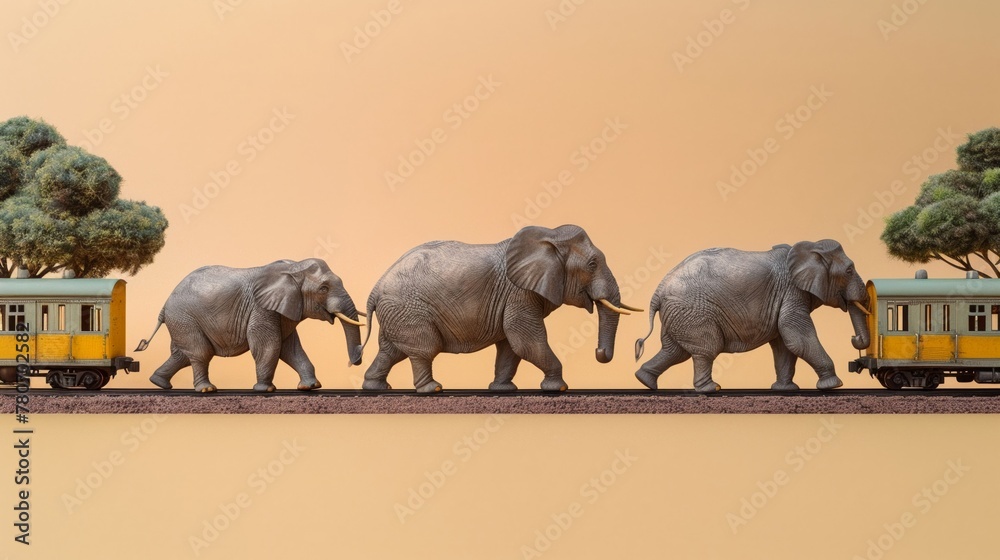 Elephants conducting a train, all aboard the Safari Express isolate on ...