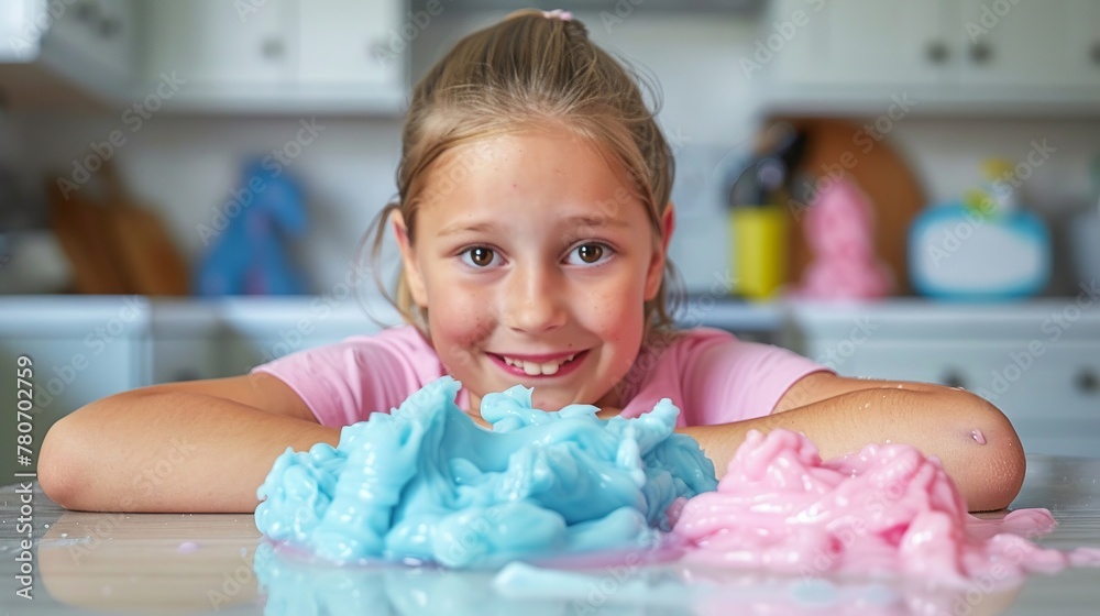 Girl with Homemade slime factory that creates slime with potion brewing ...
