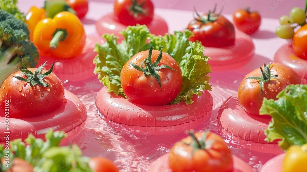 Vegetables having a pool party, floating on a tomato juice pool isolate ...