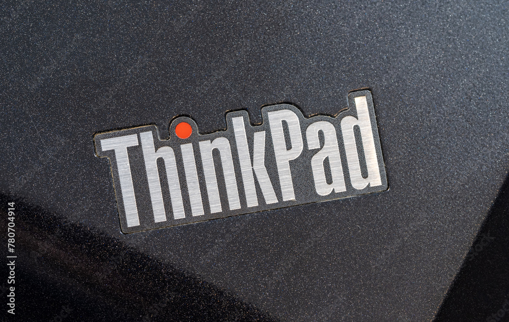 Lenovo ThinkPad series brand logo on a laptop computer lid, symbol up ...