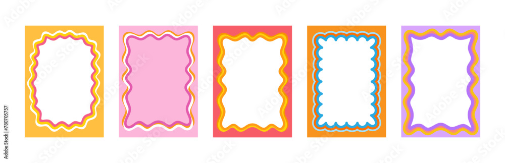 Set of Retro FRAMES WITH DOODLE orange, RED, PINK curvy squiggly wavy ...