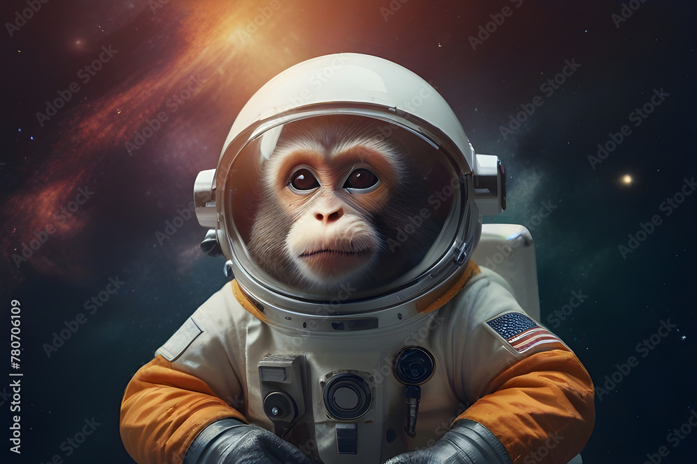 Monkey astronaut in a spacesuit with a helmet in outer space against ...
