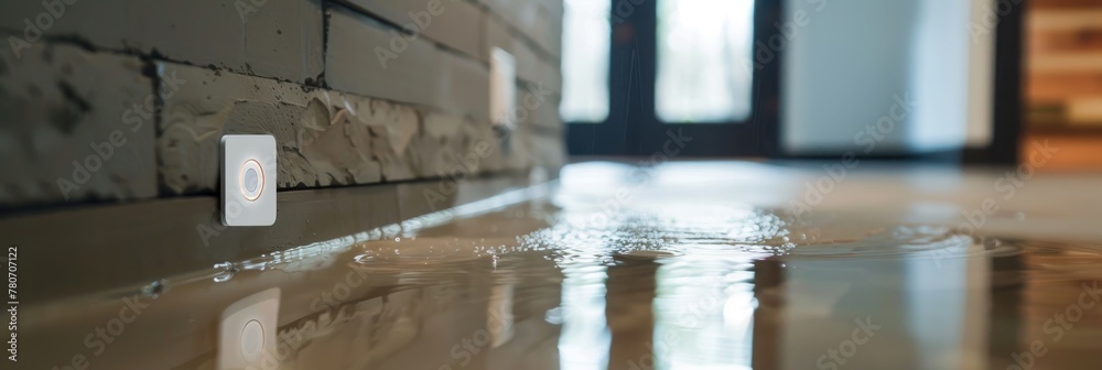 A flood alarm sensor installed in a basement, alerting homeowners to ...