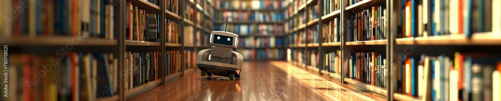 Small 3D robot as a librarian, zooming between shelves with a smile ...