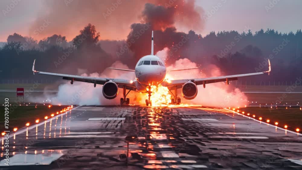 Stockvideon Aircraft on fire on runway with emergency hoses. High ...