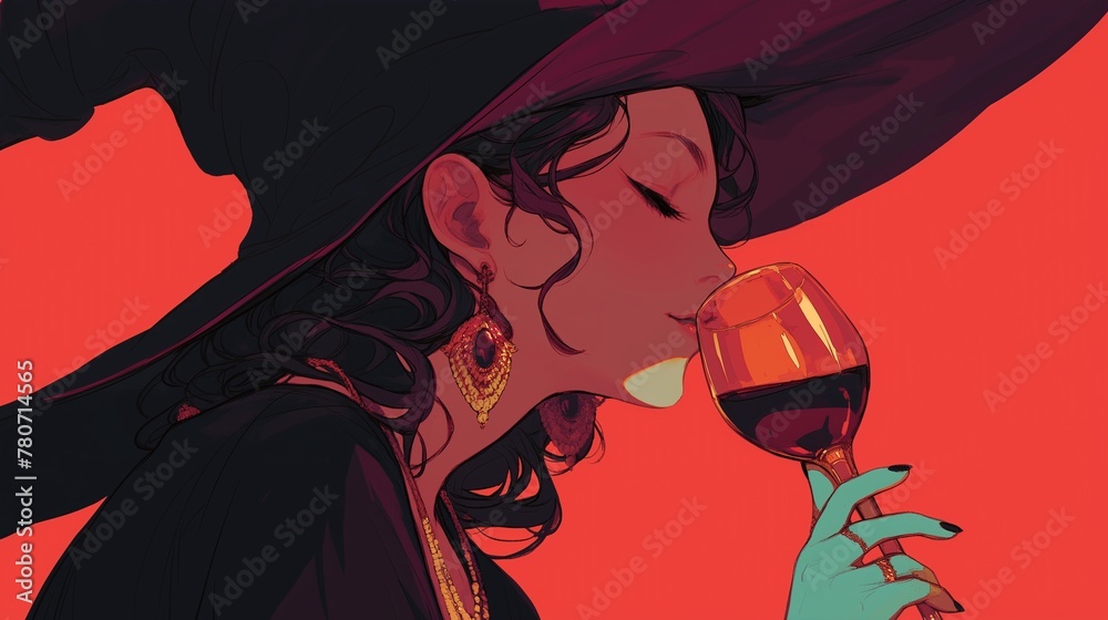 Boring witch enjoying her life with a glass of wine, illustration of a ...
