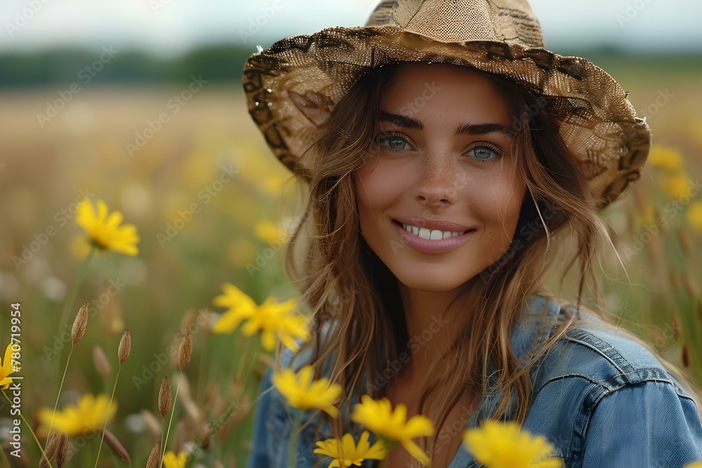 Happy female farmer in cowboy hat and denim outfit at farm. Concept ...
