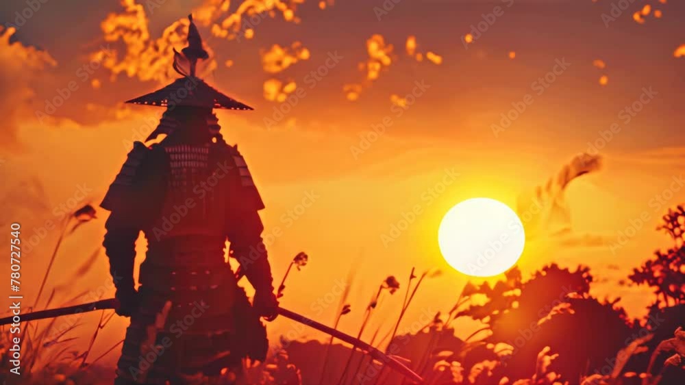 Back view of samurai warrior in traditional armor against the sunset ...