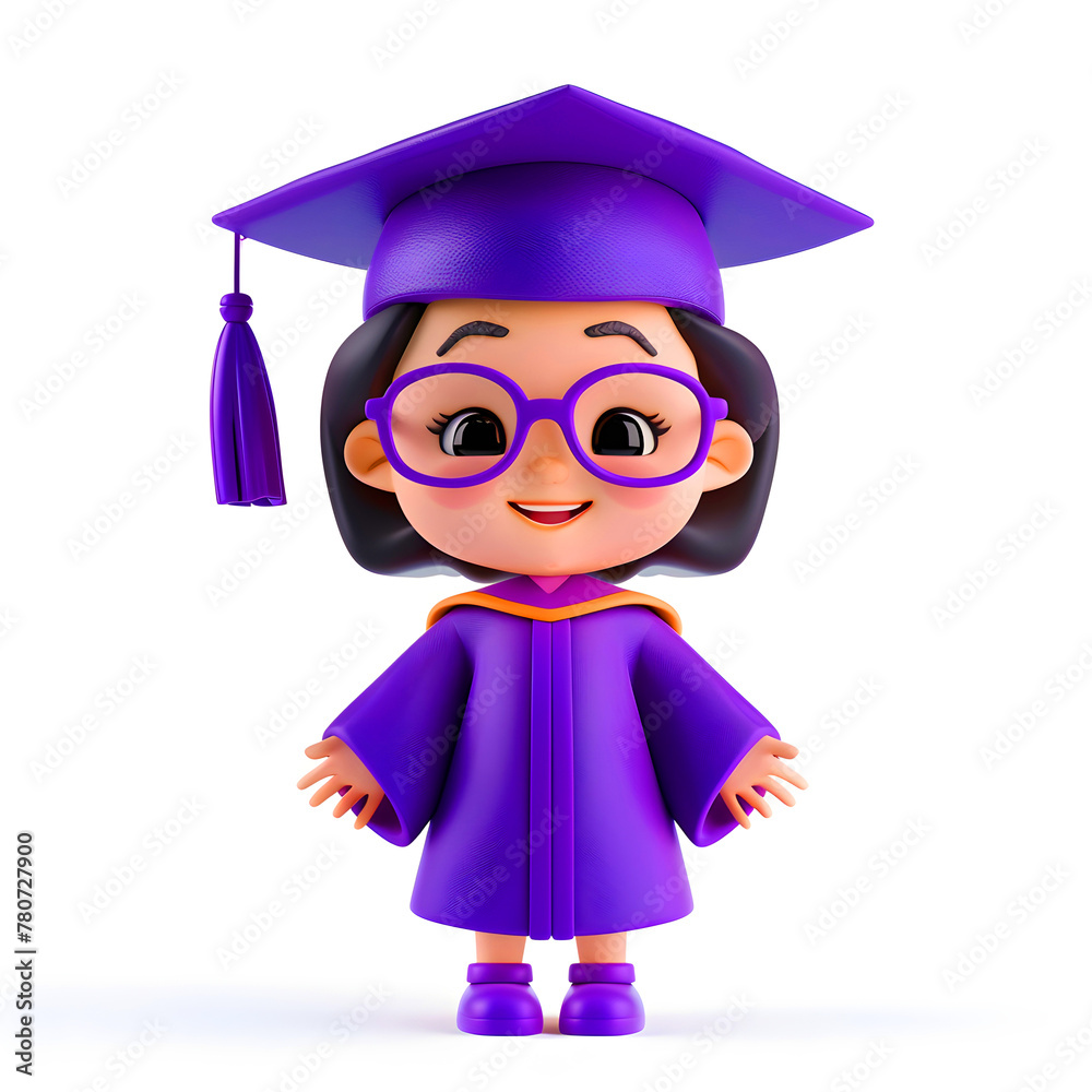 Young girl in purple graduation cap and gown isolated on white ...