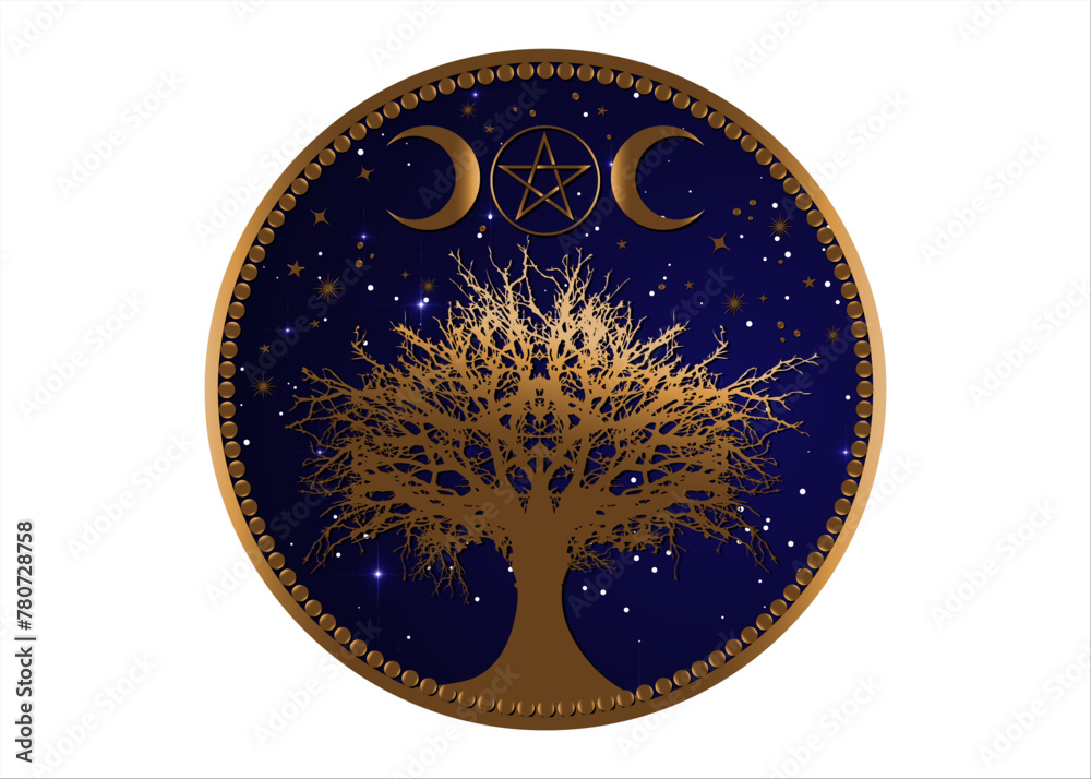 tree of life Wicca sign mandala, Gold Mystical Moon Pentacle, Sacred ...