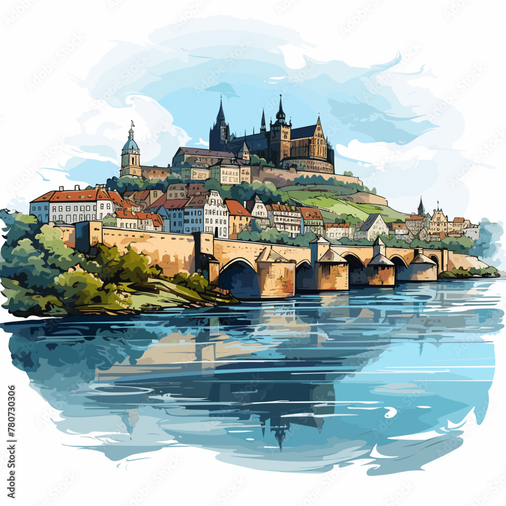 Prague castle hand-drawn comic illustration. Prague castle. Vector ...