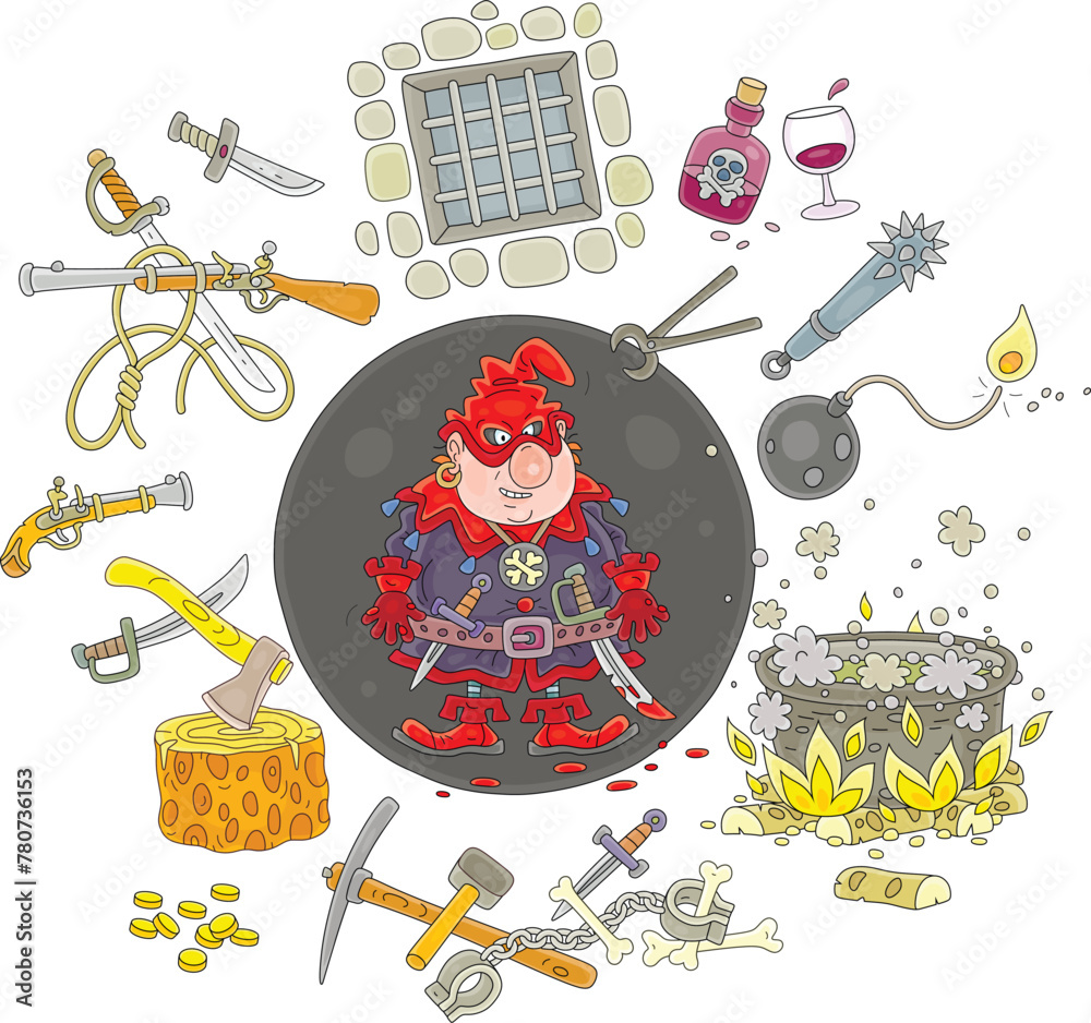 Angry executioner with a wicked grin and his varied instruments of ...