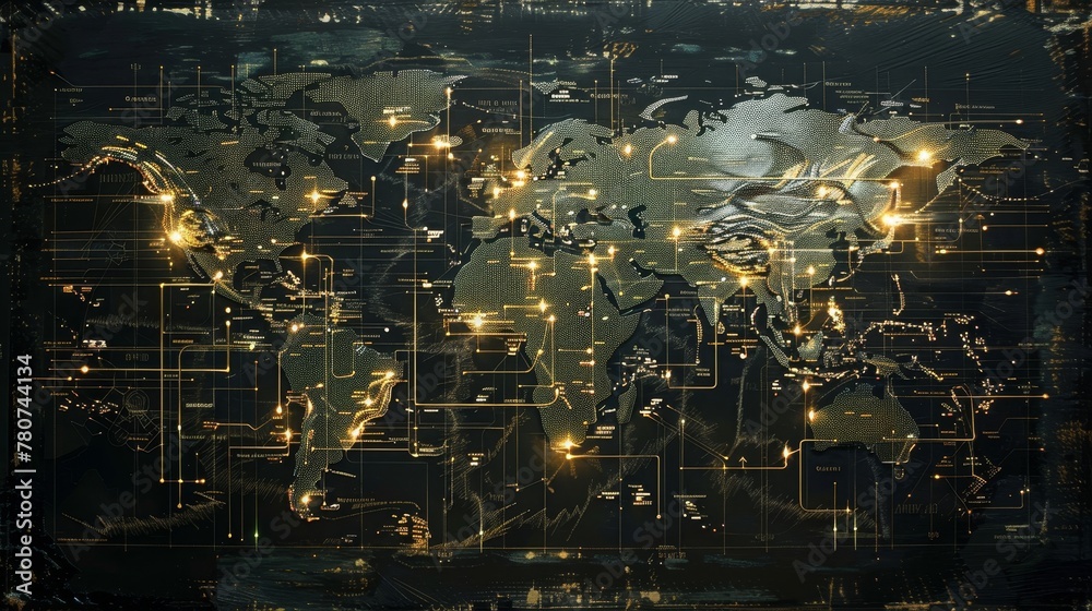 Cybernetic world map, highlighting airports and global data transfer ...