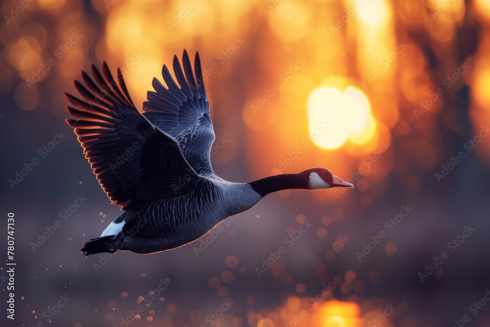 The silhouette of a flying goose etched against a vivid sunset offers a ...