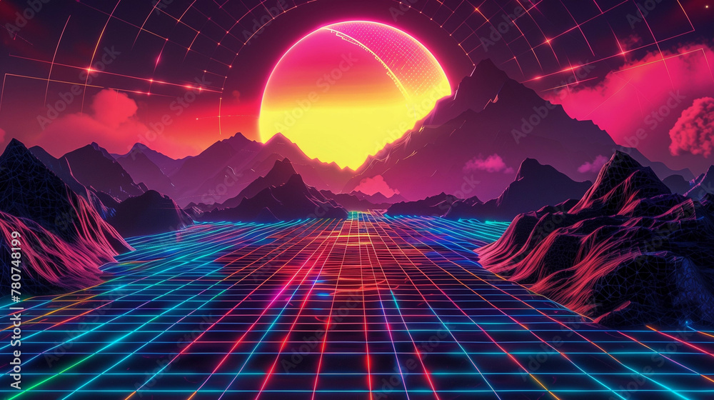 A retro synthwave background with neon grid lines and geometric shapes ...