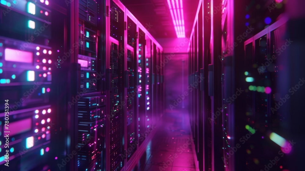 Data facility features server racks in a dim setting, vibrant LED ...
