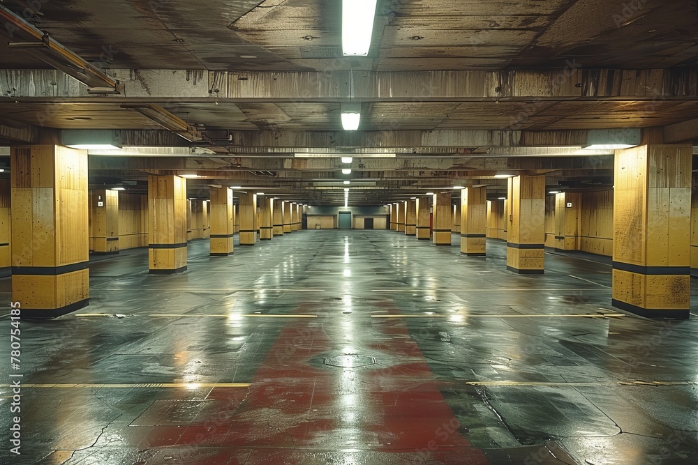 An empty parking garage with yellow pillars and worn paint on the floor ...