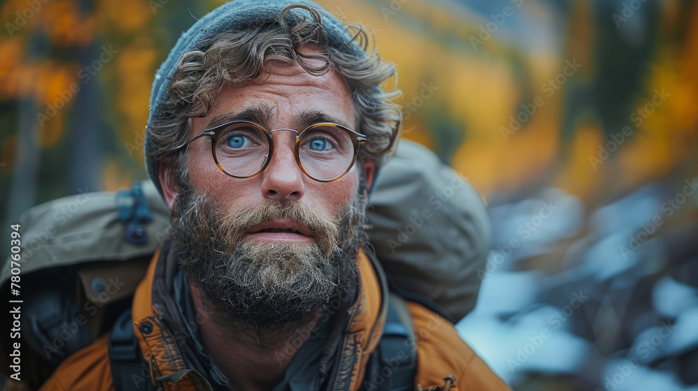 A man with glasses and a beard is looking at the camera. He is wearing a backpack and a hat. a ...