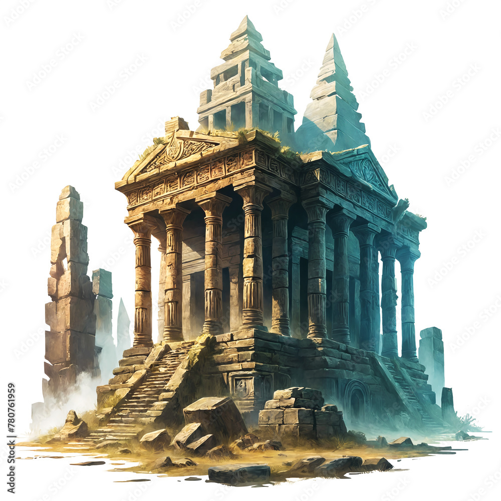 The ruins of a large stone structure, possibly an ancient temple or a ...