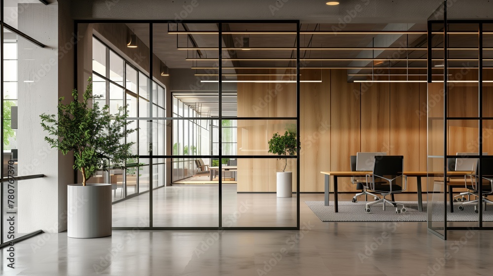 contemporary office space with wood panels and glass partitions design ...