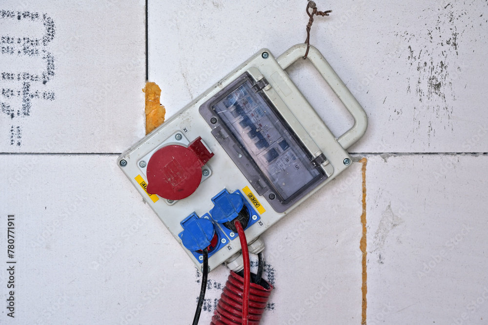 Temporary box with electric switch fuses or circuit breakers installed ...