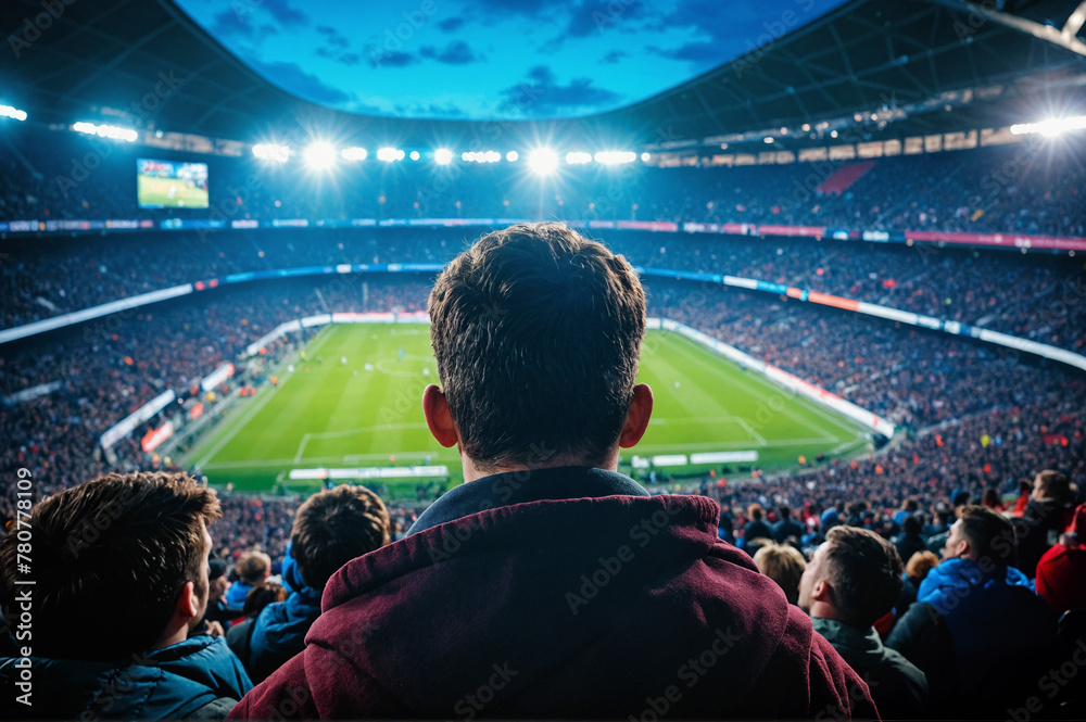 Soccer fan watching football match game in stadium with full tribunes ...