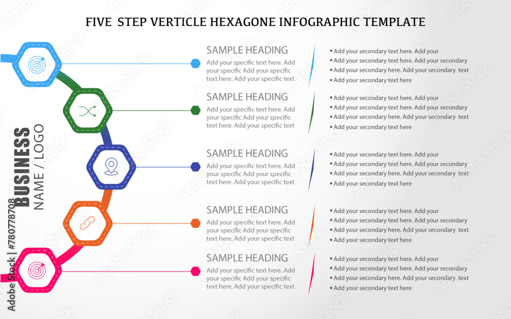 FIVE step vertical hexagon style infographic business template design ...