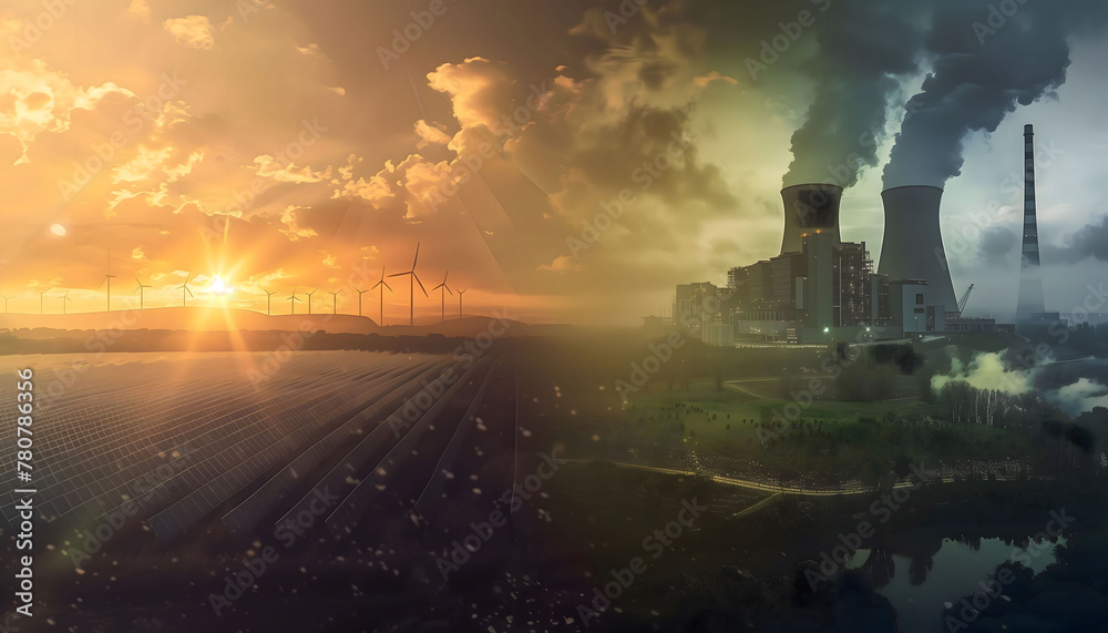Comparison of electricity generation. A nuclear power plant on the one ...