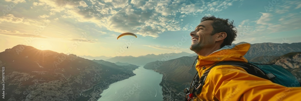Happy paragliders flying on a paraglider, experienced pilots smiling at ...