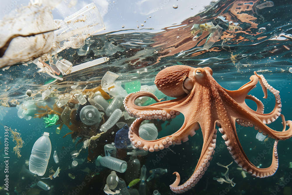 An octopus swims amidst plastic pollution and seaweed in a vivid ...