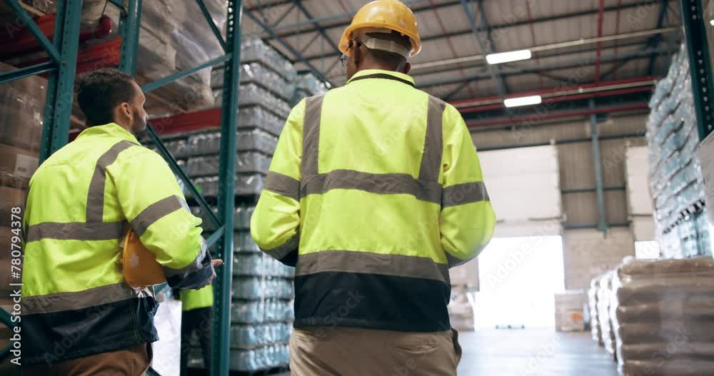 Distribution, inspection and supply chain with warehouse team walking ...