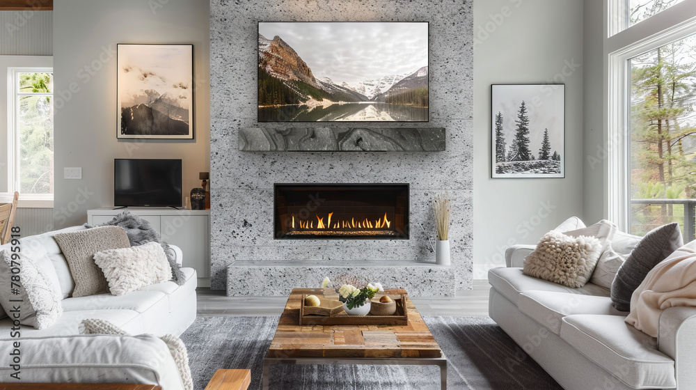 Scandinavian living room featuring granite fireplace, gray walls ...