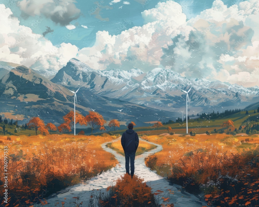 Man at a crossroads between two scenic paths, contemplating the ...