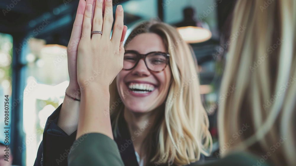 Businesswoman giving a high five to the colleague in meeting room ...