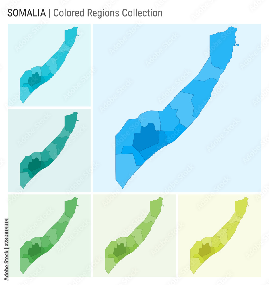 Somalia map collection. Country shape with colored regions. Light Blue ...