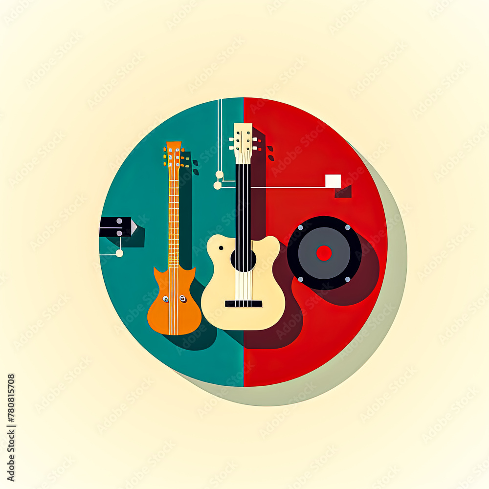 A round graphic of guitars and a speaker with a red and green ...