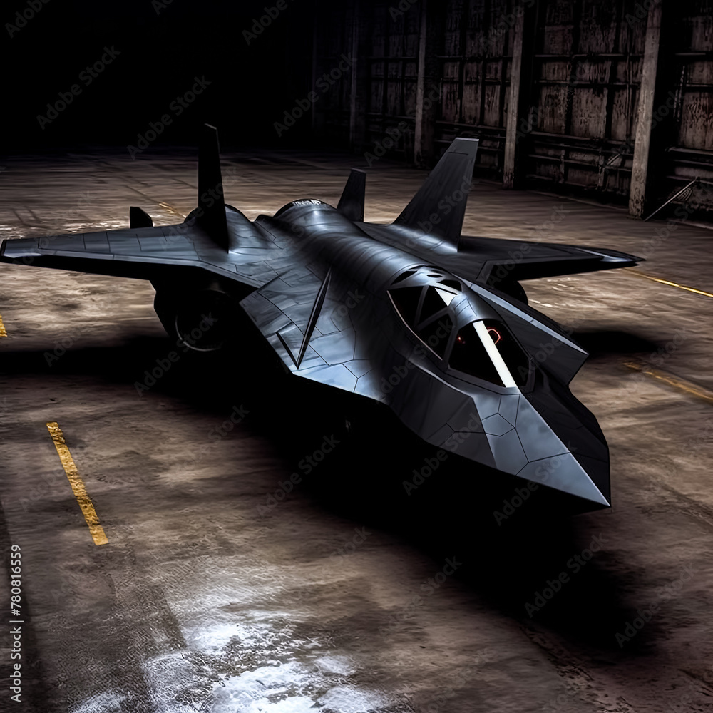 A black fighter jet is parked on a runway. The jet is large and has a ...