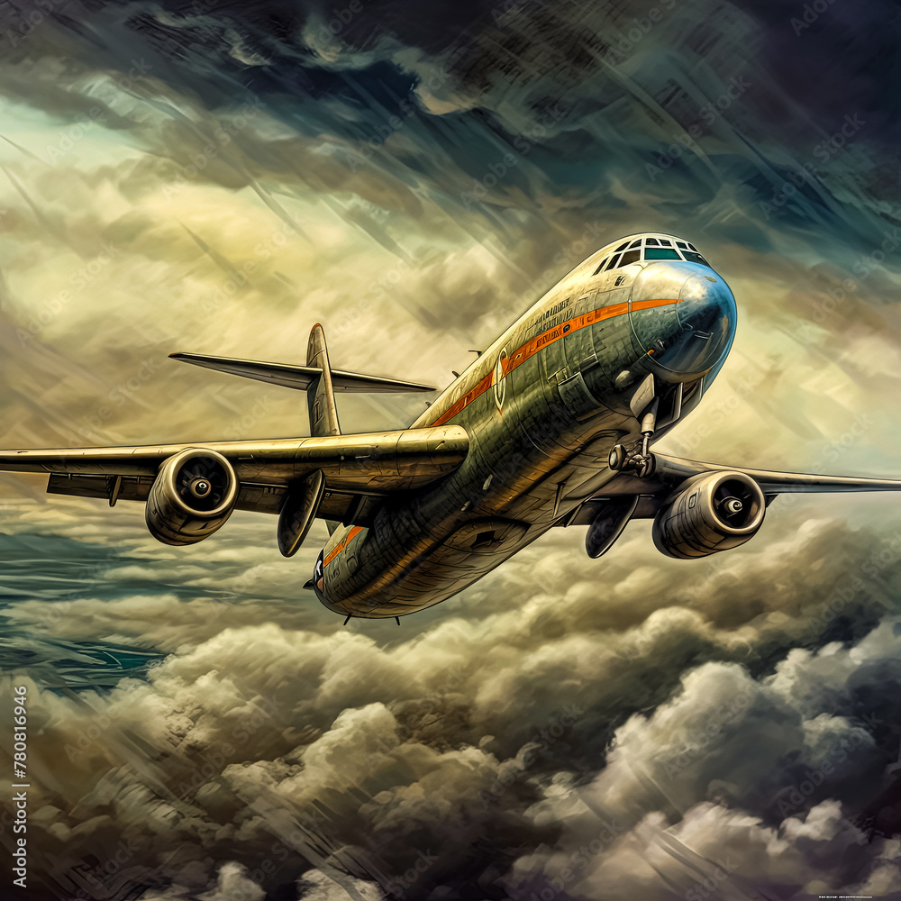 A vintage airplane is flying through a stormy sky. Scene is tense and ...