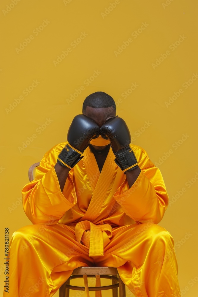 Contemplative Fighter: Man in yellow robe covering face with boxing ...