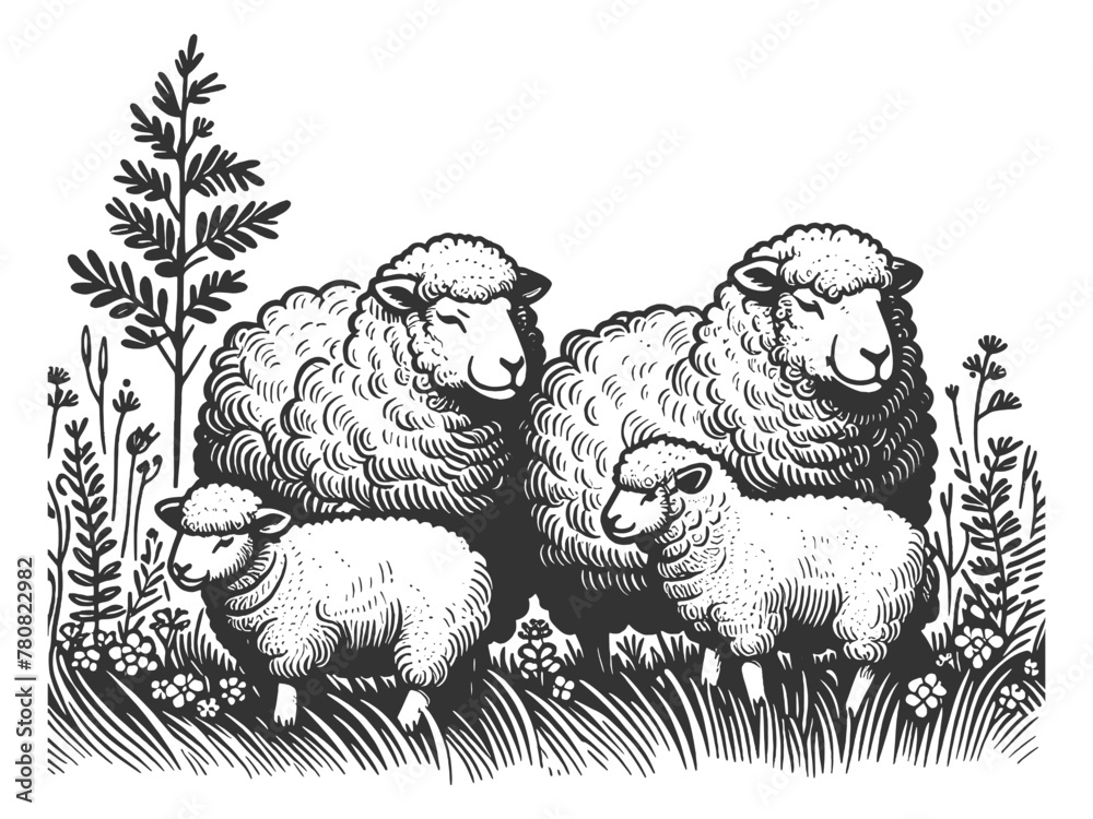 sheep grazing in a meadow field under a bright sun with fluffy clouds ...