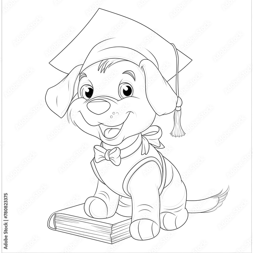 Line drawing of an adorable puppy wearing a graduation cap, sitting on ...