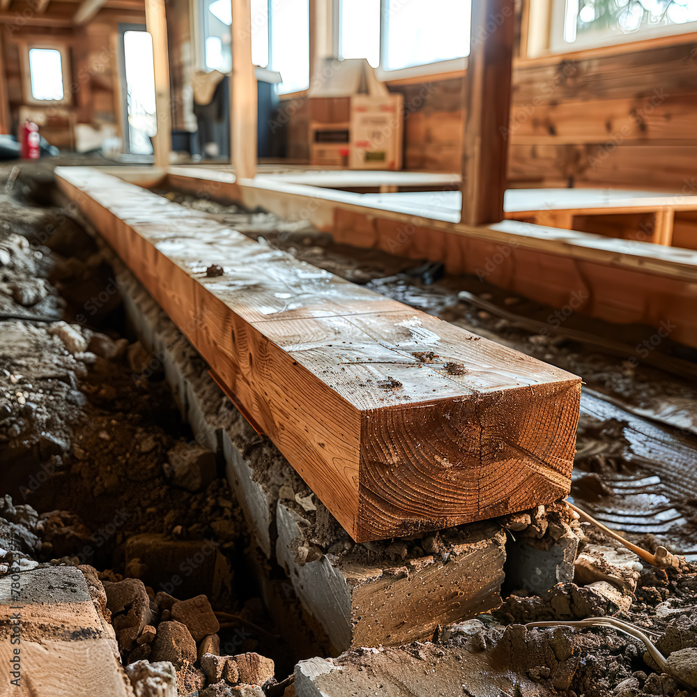 A wooden beam is laying on top of a pile of bricks. The beam is covered ...