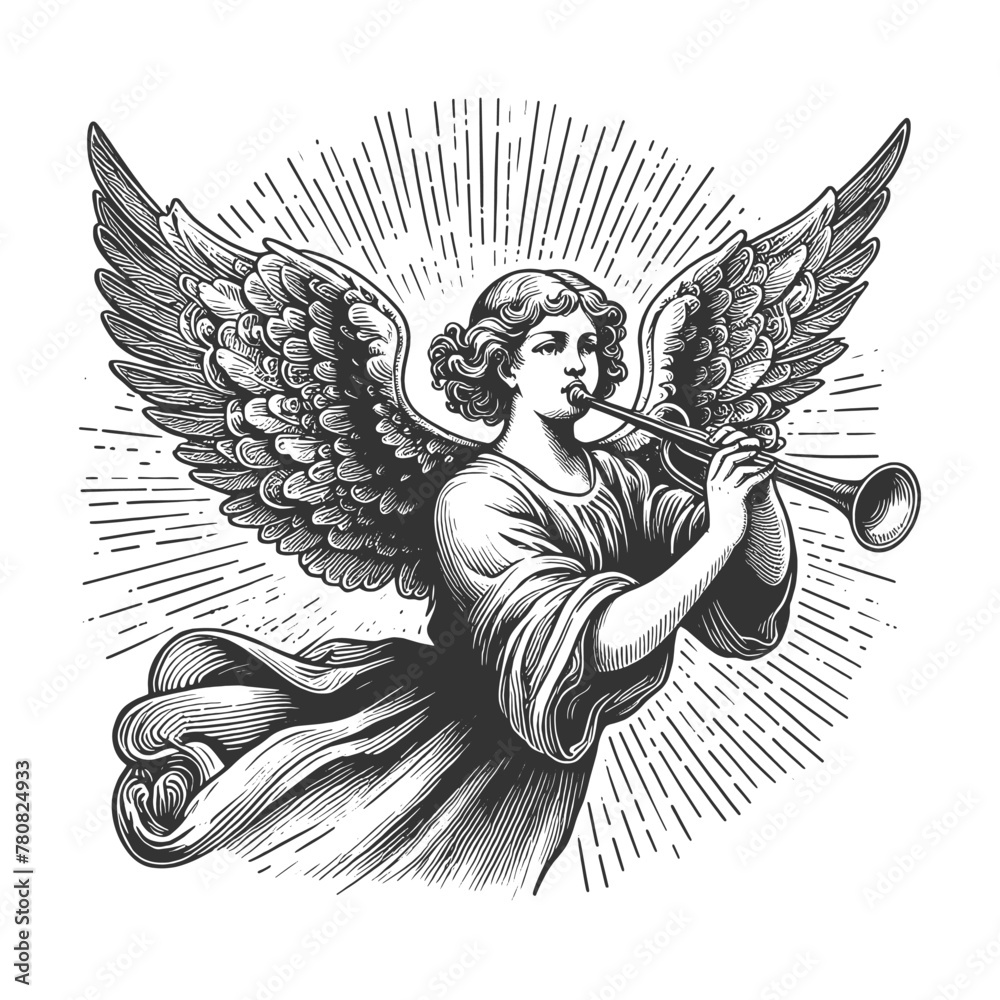 angel with majestic wings playing a horn trumpet, set against radiant ...