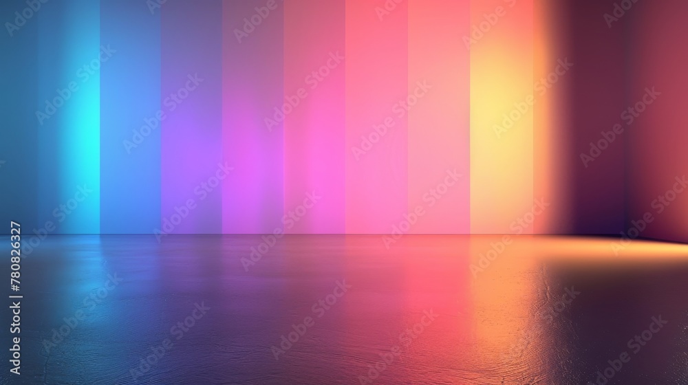 Smooth reflective flooring with a multi-colored gradient wall going ...