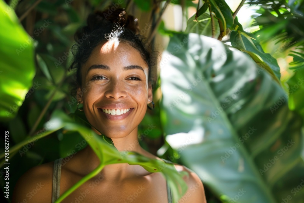 Contented woman with a gentle smile surrounded by tropical greenery ...