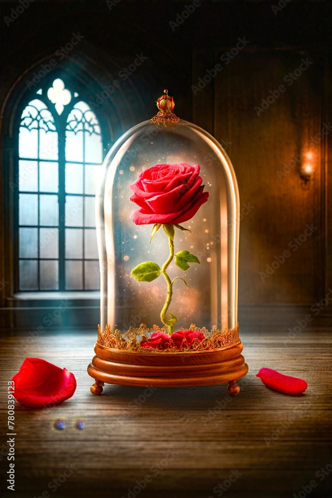 A captivating enchanted red rose under a glass dome, casting a soft ...