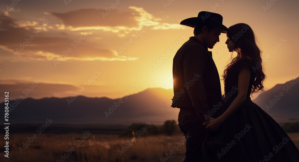 Vintage Western Love Story: Cowboy and Cowgirl Hugging in Romantic ...
