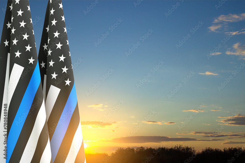 Thin Blue Line. American flag with police blue line on a background of ...